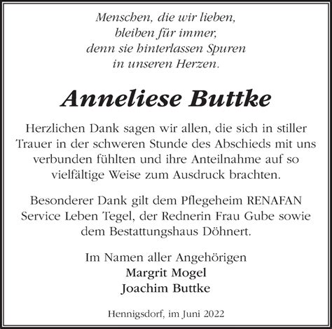 Traueranzeigen von Anneliese Buttke Märkische Onlinezeitung Trauerportal
