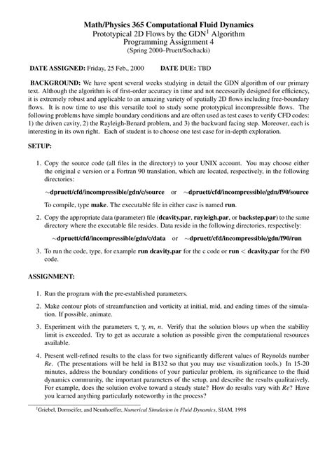 Programming Assignment 4 Computational Fluid Dynamics Spring 2000 Math 365 Docsity