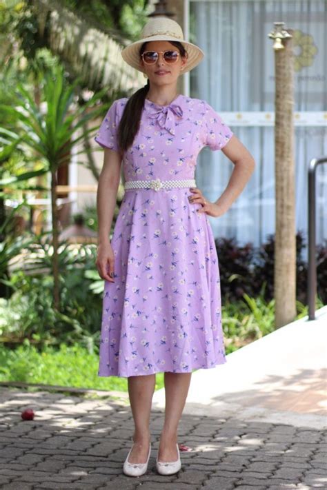 Vestido midi evasê vintage lilás em até 12 vezes Saia modesta
