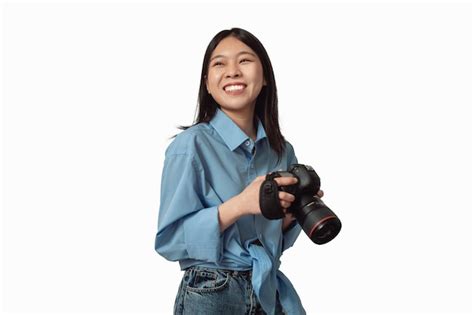 Premium Photo Japanese Photographer Lady Posing Holding Photo Camera