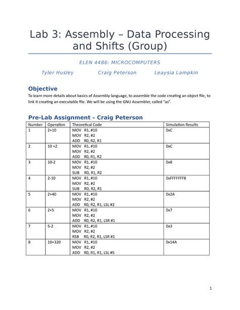 Lab 3 Assembly Lab 3 Assembly Data Processing And Shifts Group