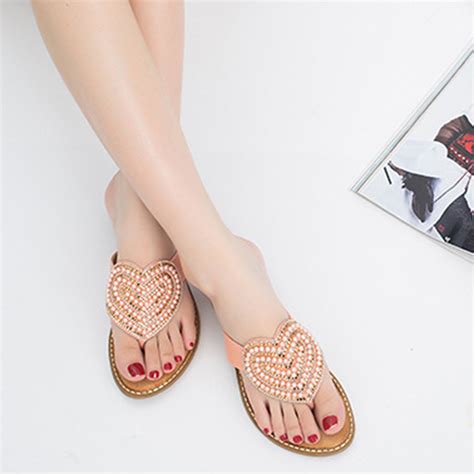 Women Rhinestone Heart Shape Decor Clip Toe Flats Sandals