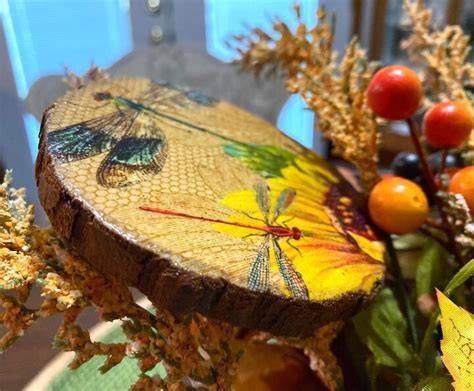 A Decoupaged Wood Slice Tucked Into A Fall Arrangement Fall