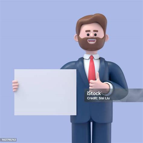 웃고 있는 수염을 기른 미국 사업가 밥이 엄지손가락을 치켜들고 플래카드를 들고 있는 3d 그림 파란색 배경에 3d 렌더링 가공의 인물에 대한 스톡 사진 및 기타 이미지