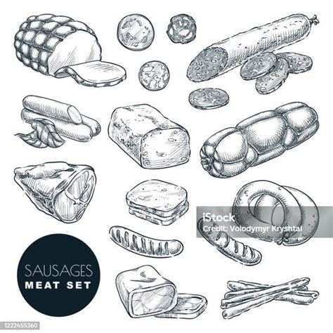 鮮肉製品收藏 隔離在白色背景上草圖向量插圖食品隔離設計項目向量圖形及更多火腿圖片 火腿 薩拉米香腸 香腸 Istock