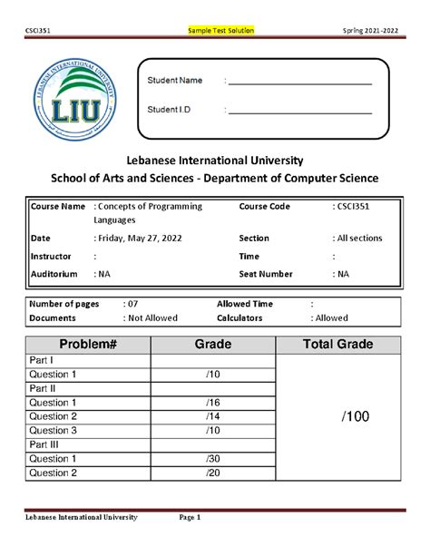 CSCI351 Sample Test Solution Lebanese International University Babe Of Arts And Sciences