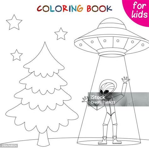우주 모험 Ufo 외계인 크리스마스 트리 아이들을 위한 색칠 공부 페이지 템플릿 검은색에 대한 스톡 벡터 아트 및 기타 이미지