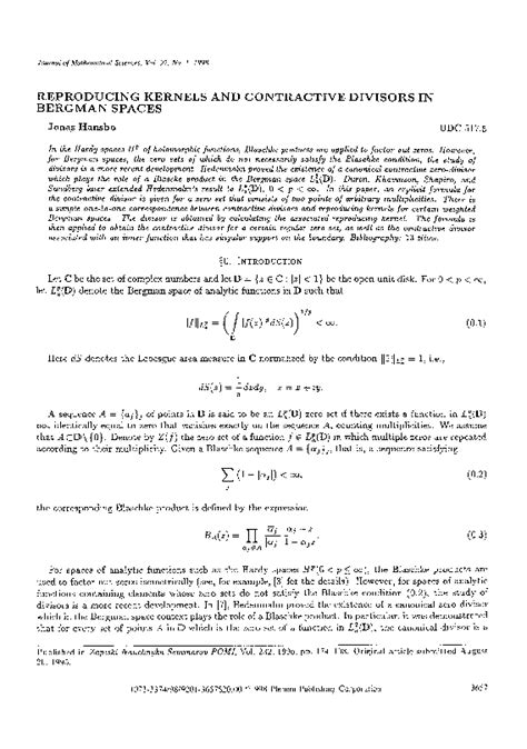 Pdf Reproducing Kernels And Contractive Divisors In Bergman Spaces Jonas Hansbo