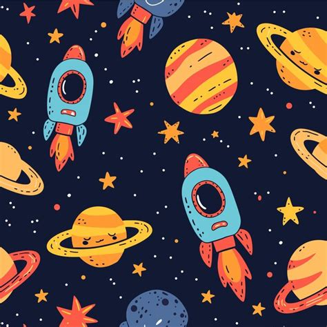 Patrón sin costuras con planetas y cohetes Vector Premium generado con IA