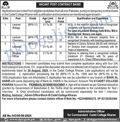 Cadet College Kharan Jobs 2024 August Lecturers More