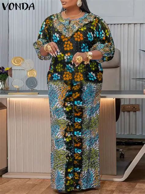 VONDA Bohemian Women Long Dress 2024 Fashion Long Lantern Sleeve