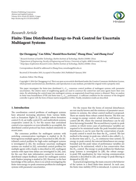 pdf finite time distributed energy to peak control for uncertain