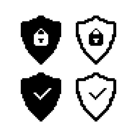 Shield Pixel Icon Set Of Black And White Shield Icons 8 Bit Shield Sign Arcade Game Symbol