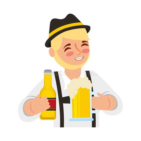 Bavarian Man Holding Bottle Beer And Glass Cup Stock Illustration
