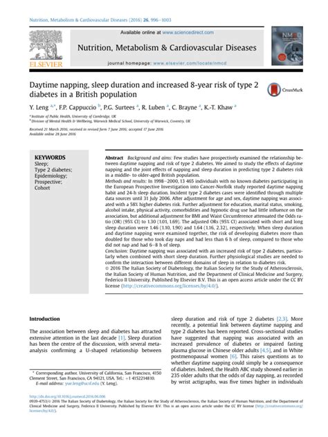 Daytime Napping Diabetes Pdf Diabetes Sleep