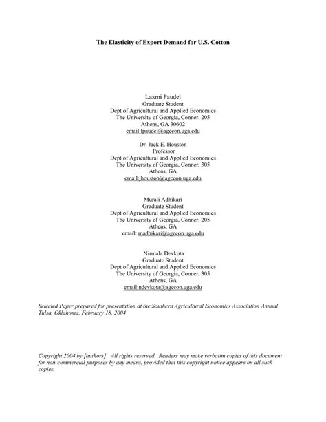 Pdf The Elasticity Of Export Demand For Us Cotton