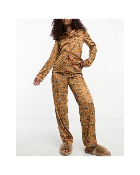 Chelsea Peers Satin Long Pyjama Set In Brown Lyst Uk
