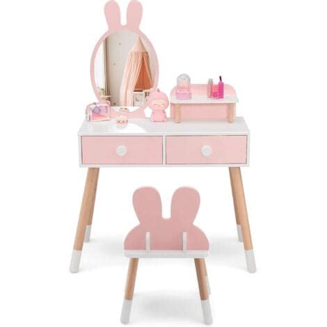 COSTWAY Tocador de Mauillaje para Niña Juego de Mesa y Silla para Niñas Escritorio Espejo en