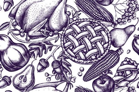 호박 포크 칼 배 칠면조 호박 파이 사과 파이 옥수수 사과 로완 단풍 나무 참나무와 예술적 원활한 패턴 배경 주제에 대한 스톡 벡터 아트 및 기타 이미지 Istock