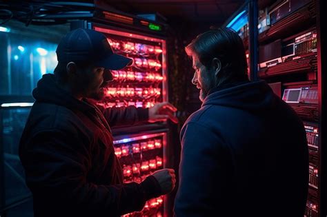 Premium Photo Technicians Troubleshooting A Network Issue In A Server Room