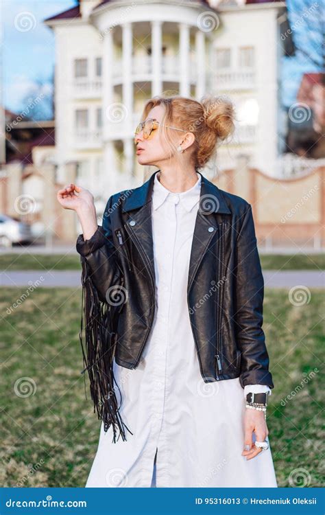 Beautiful Girl In A Leather Jacket Stock Image Image Of Green Nature