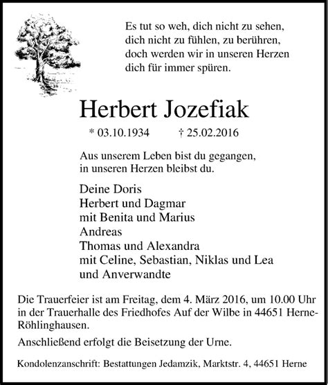 Traueranzeigen Von Herbert Jozefiak Trauer In Nrwde