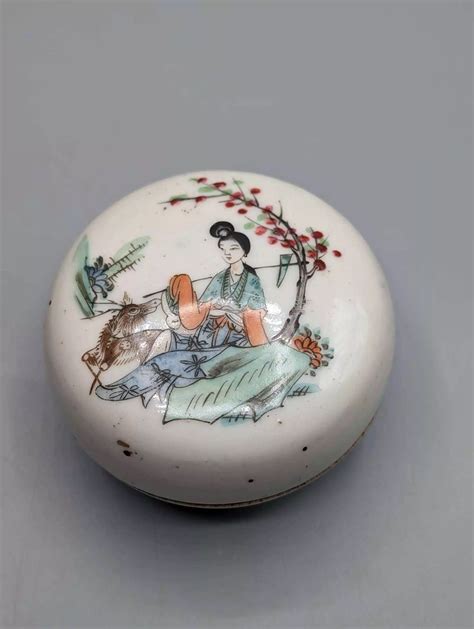 Chinese Porcelain Seal Paste Box With Famille Rose Colours Circa 1900