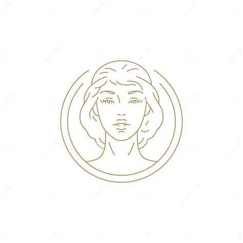 Beauty Female Model Portrait In Golden Circle Frame Line Art Icon