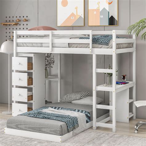 Twin Over Twin Bunk Bed Wooden Frame With Storage Drawers Desks