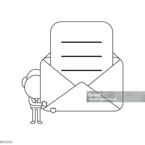 서면 종이와 메일 봉투를 들고 사업가 캐릭터의 벡터 그림 검은색 윤곽선 개념에 대한 스톡 벡터 아트 및 기타 이미지 개념