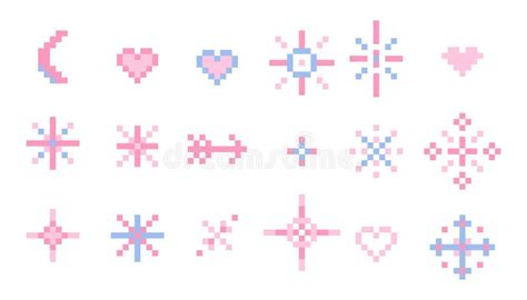 Pixel Star Sparkle Cute Retro 8 Bit Sparkle Set Shiny Pink Game Pixel Art Effect Set Stock