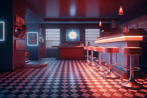 Premium Photo Retro Diner Interior With A Tile Floor Neon