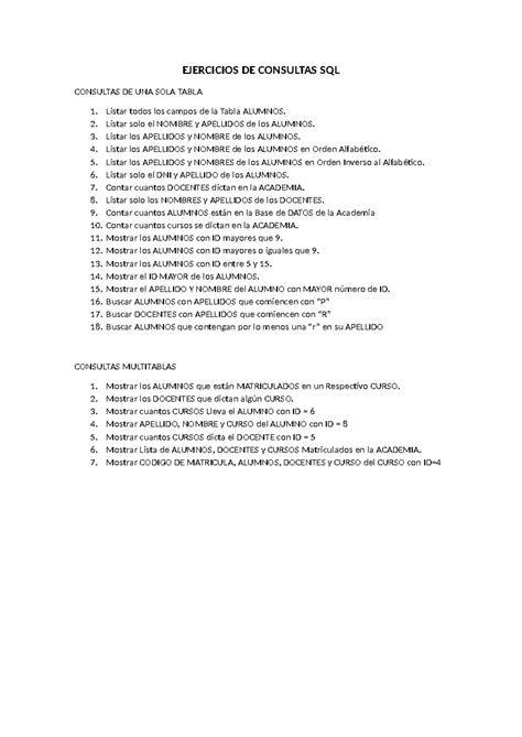 Ejercicios De Consultas Sql Ejercicios De Consultas Sql Consultas De
