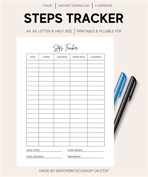 Printable Step Tracker Daily Step Record Exercise Log Etsy