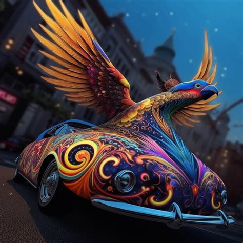 Premium Ai Image Brightly Colored Car With A Bird On The Roof