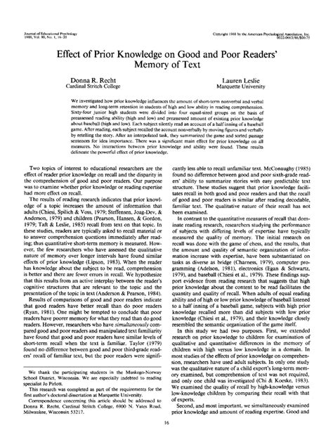Pdf Effect Of Prior Knowledge On Good And Poor Readers Memory Of Text
