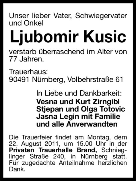 Traueranzeigen Von Kusic Ljubomir Trauer Nn De