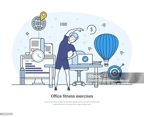 스포츠 운동 직장에서 운동하는 남성 회사원 사무실에서 신체 운동을 하는 직원 규칙적인 스포츠 유산소 운동 피트니스 브레이크 얇은 라인 디자인 강사에 대한 스톡 벡터 아트 및