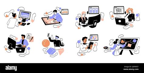 set of creative workers at computer and laptop stock vector image and art