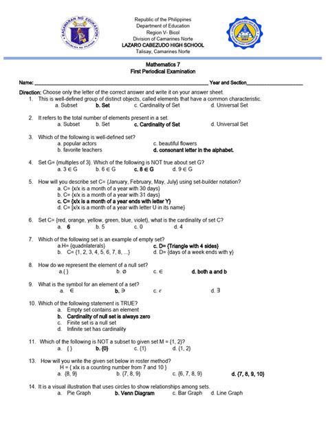 Exam Math7 Q1 Pdf Set Mathematics Mathematical Objects
