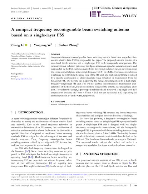 Pdf A Compact Frequency Reconfigurable Beam Switching Antenna Based On A Single‐layer Fss