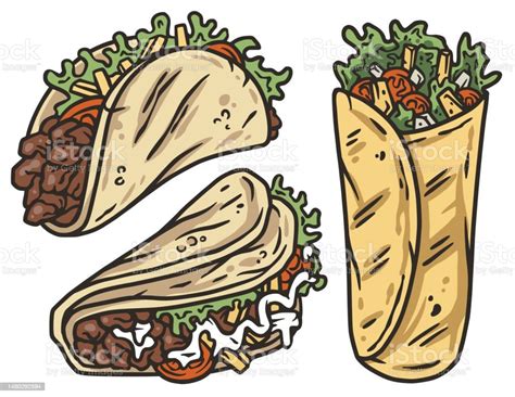 타코 벡터 세트는 로고 또는 엠블럼 디자인을 위해 고기와 야채를 가지고 있습니다 전통적인 멕시코 패스트 푸드 타코 옥수수와 멕시코 음식 양상추 치즈 토마토 포스 미트 소스를