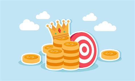 상단에 왕관이 있고 배경에 타겟 보드가 있는 달러 동전 더미 비즈니스 목표를 달성하여 얻은 이익의 그림 0명에 대한 스톡 벡터 아트 및 기타 이미지 Istock