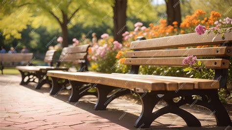 A Row Of Park Benches With A Row Of Pink Flowers Behind Them Premium