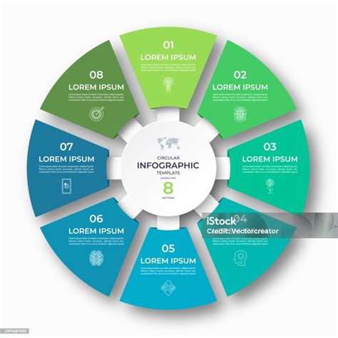 벡터 Infographic 원형 템플릿은 8 개의 섹션 부분으로 나뉩니다 8가지 옵션이 있는 사이클 다이어그램 8단계 원형 차트 프리젠 테이션 보고서 데이터 시각화 마케팅