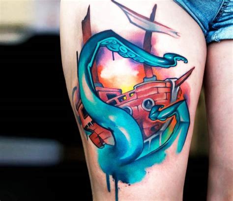 Octopus Attacking Ship Tattoo Meaning Giant Octopus Ship Stock