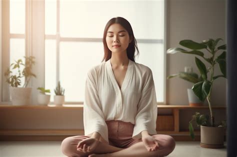 Premium Ai Image Korean Woman Meditating In Lotus Position At Home
