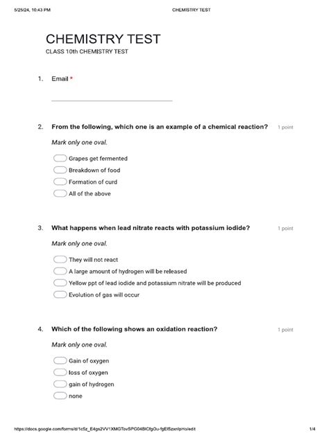 Chemistry Test Class 10 Pdf