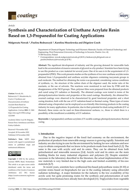 Pdf Synthesis And Characterization Of Urethane Acrylate Resin Based On 13 Propanediol For