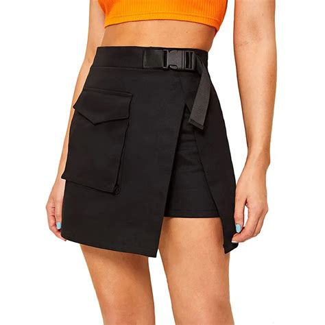 Custom Plastic Buckle Belted Asymmetric Hem Side Slit Skirts Yiron